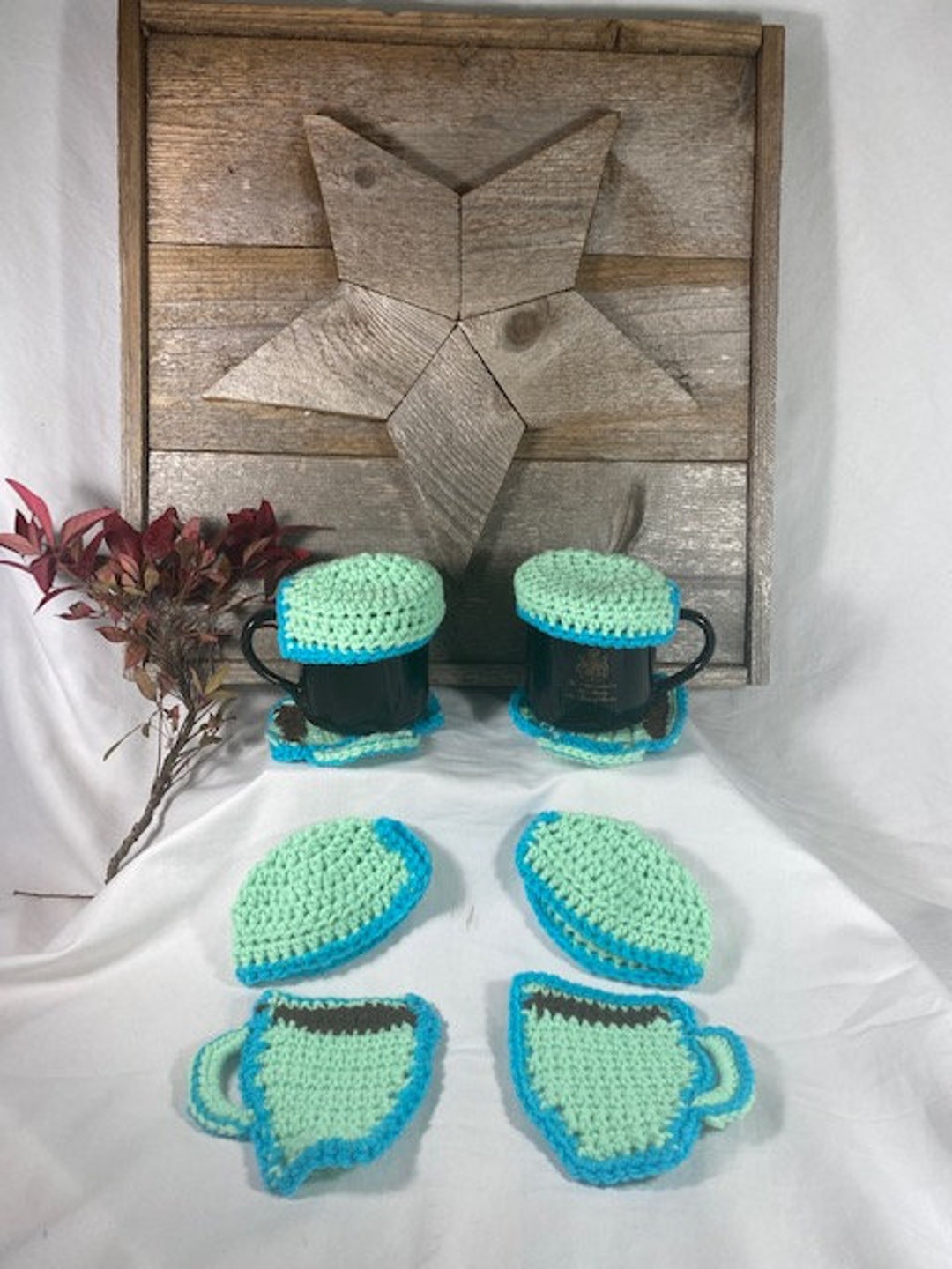 Set of 4 Crocheted Mug/cup Warmer and Crocheted Coaster Set, Green/blue ...