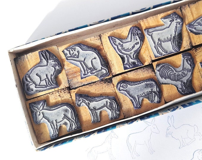 Vintage Complete School Box of Twelve (12) Rubber Stamps With Different ...