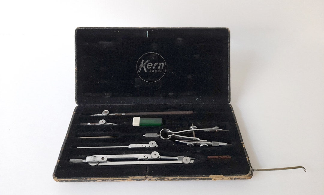 Antique Swiss Kern Set Precision Metal Compass in Original Old Case. Vintage Kern Compass ...