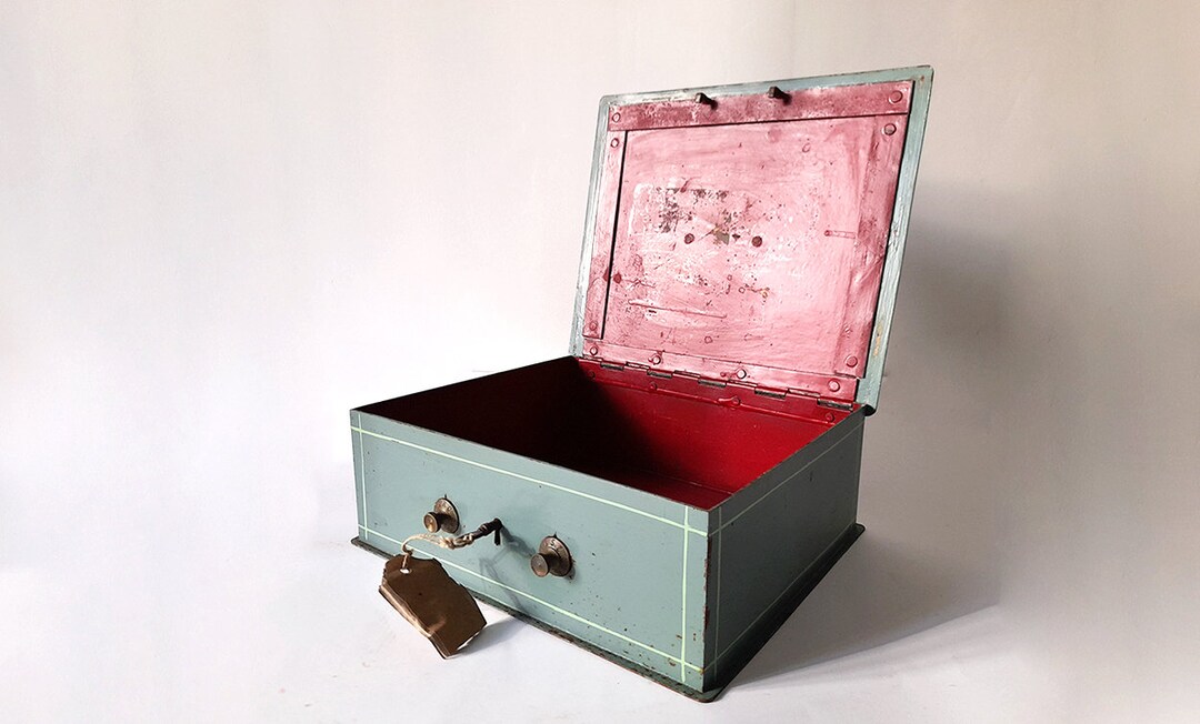 Very Old Green Metal Lockbox With Key and Letters Combination. Vintage ...