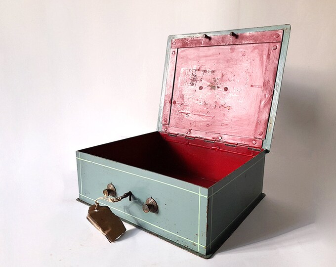 Very Old Green Metal Lockbox With Key and Letters Combination. Vintage ...