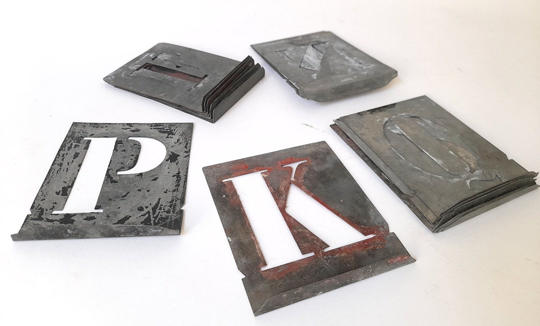 Old Metal Alphabet Letters of Different Heights for Stencil. Vintage ...