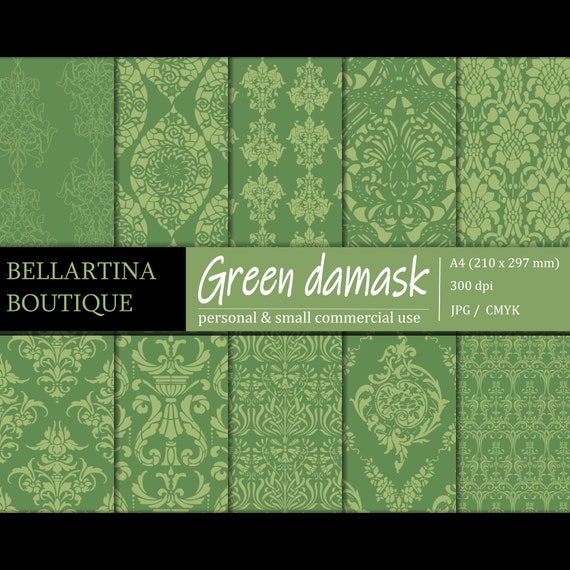 GREEN DAMASK digital paper A4 printable download pattern | Etsy