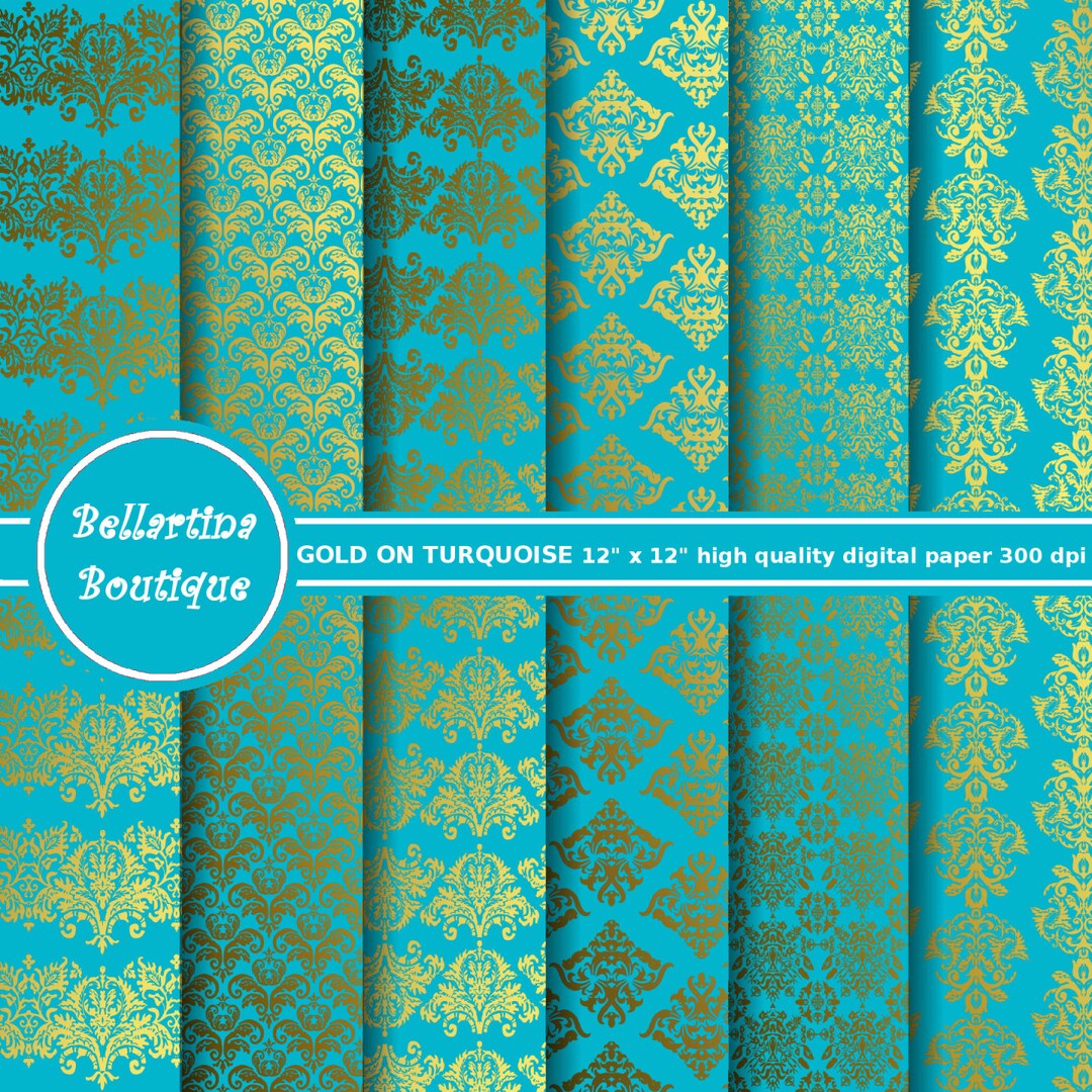 GOLD TURQUOISE DAMASK Digital Printable Paper Wedding Stationery ...