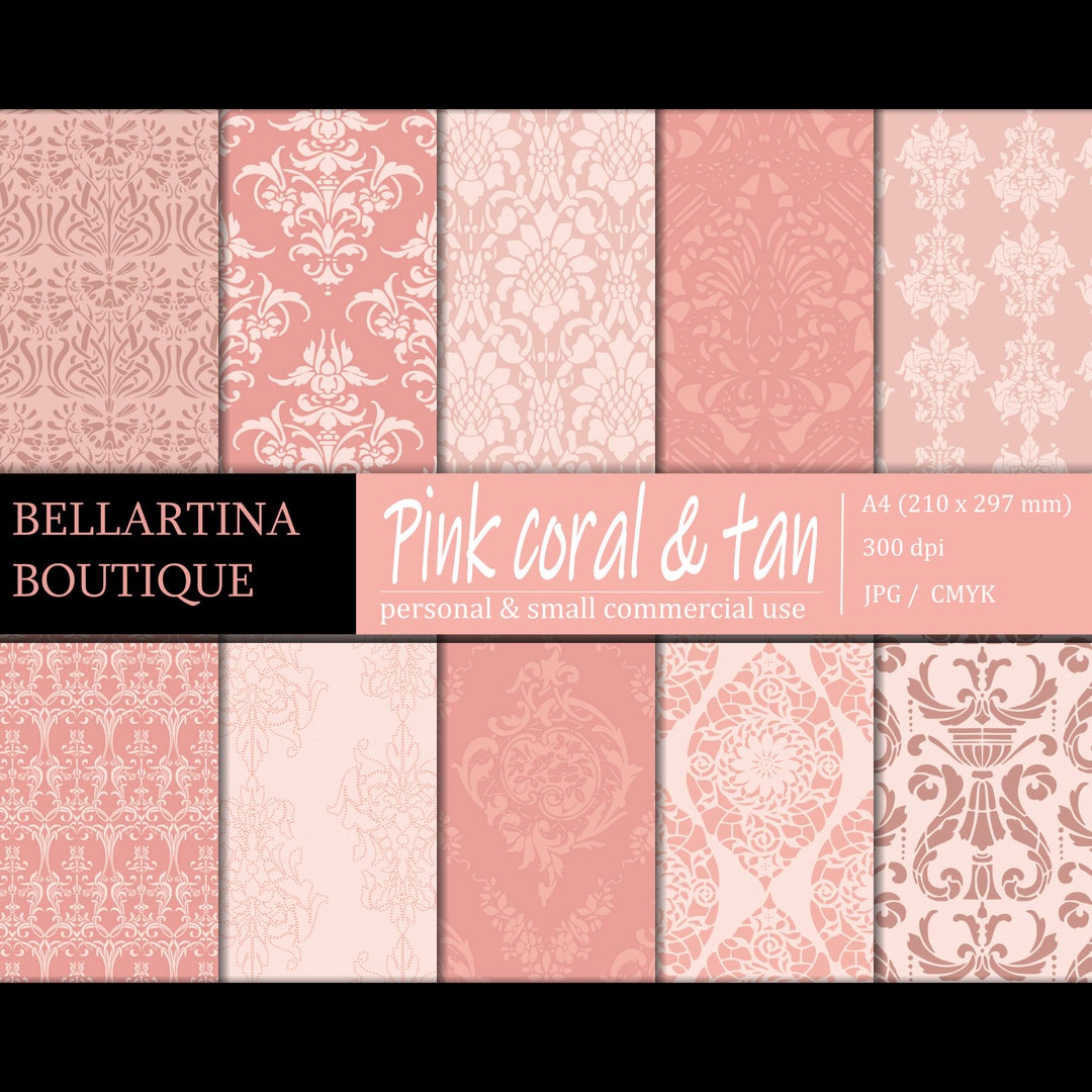 PINK CORAL TAN Damask Digital Paper A4 Printable Download Pattern ...