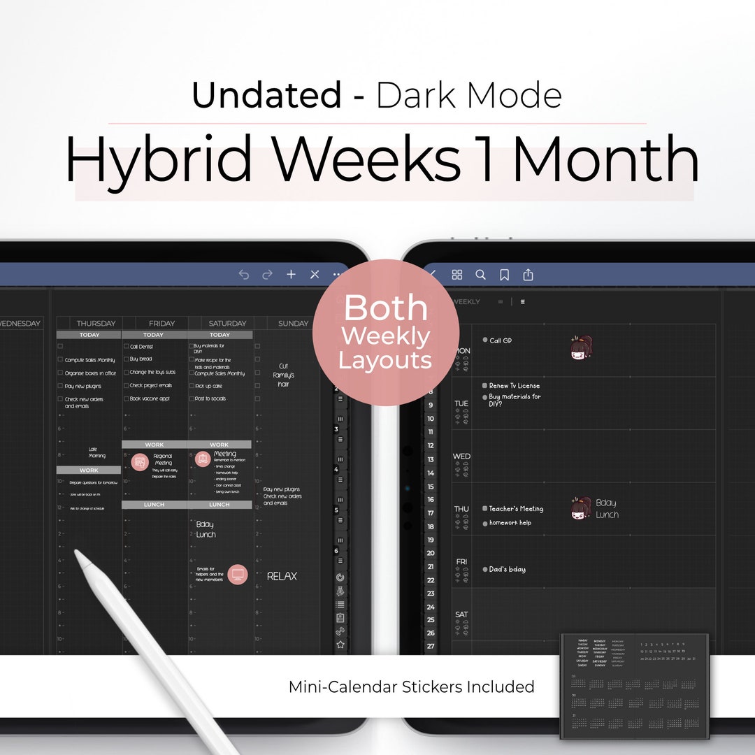 Dark Mode Planner, Monthly Digital Planner, 1 Month Planner, Undated ...