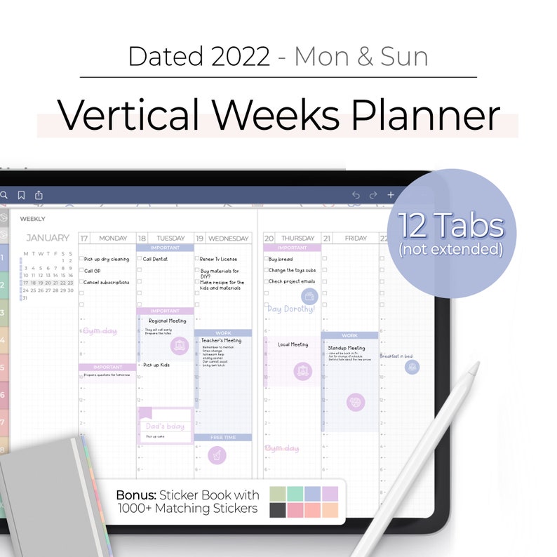 Vertical Weeks Planner 2022 Digital Planner iPad Planner 12 - Etsy