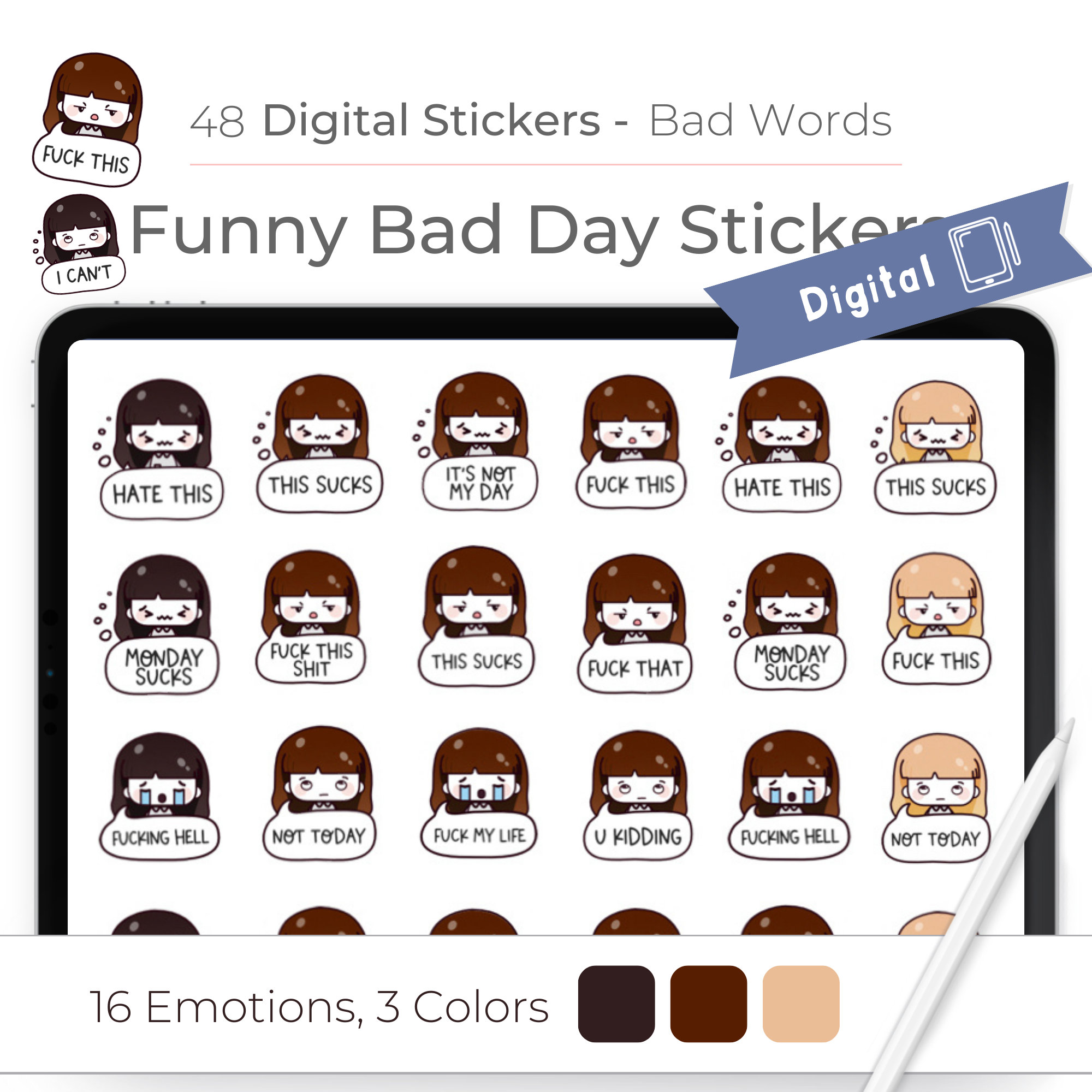 Bad Day Digital Stickers, Bad Words Digital Stickers, Emoji Goodnotes ...