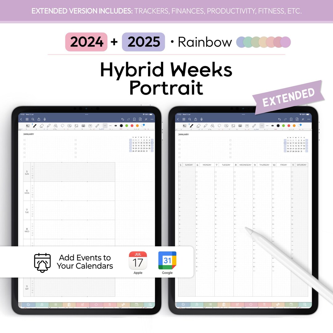 2024 + 2025 Digital Planner Portrait, Digital Planner Hybrid Weeks ...