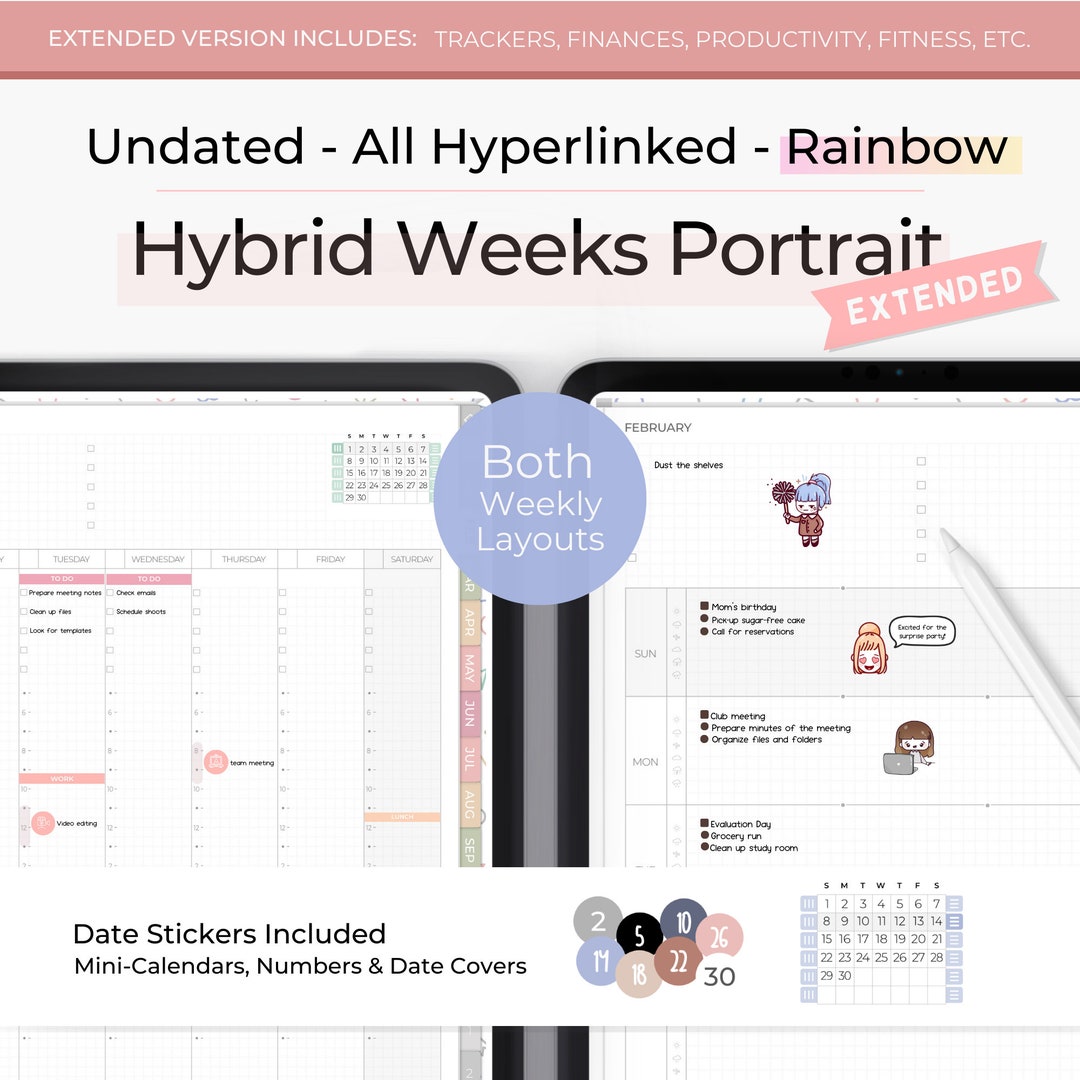 Digital Planner Undated, Digital Planner Portrait, Hybrid Weeks: Two ...