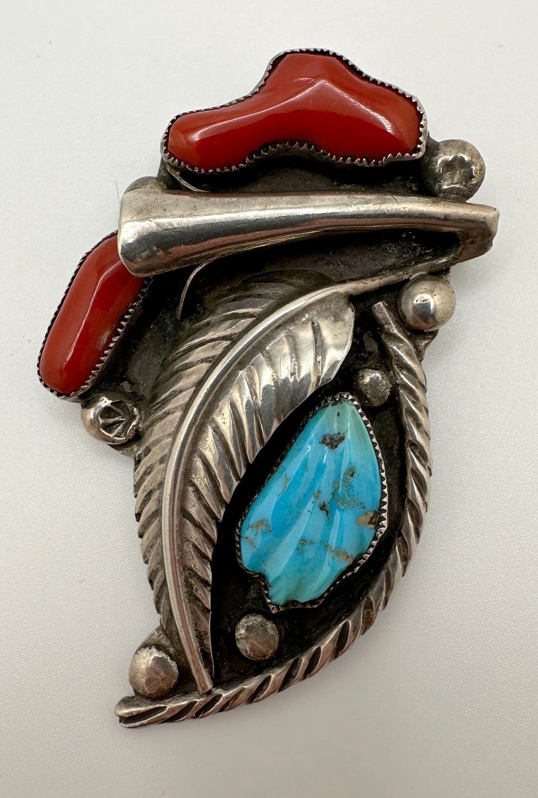 Powerful Old Navajo Native American Leaf Silver Pin With Carved ...