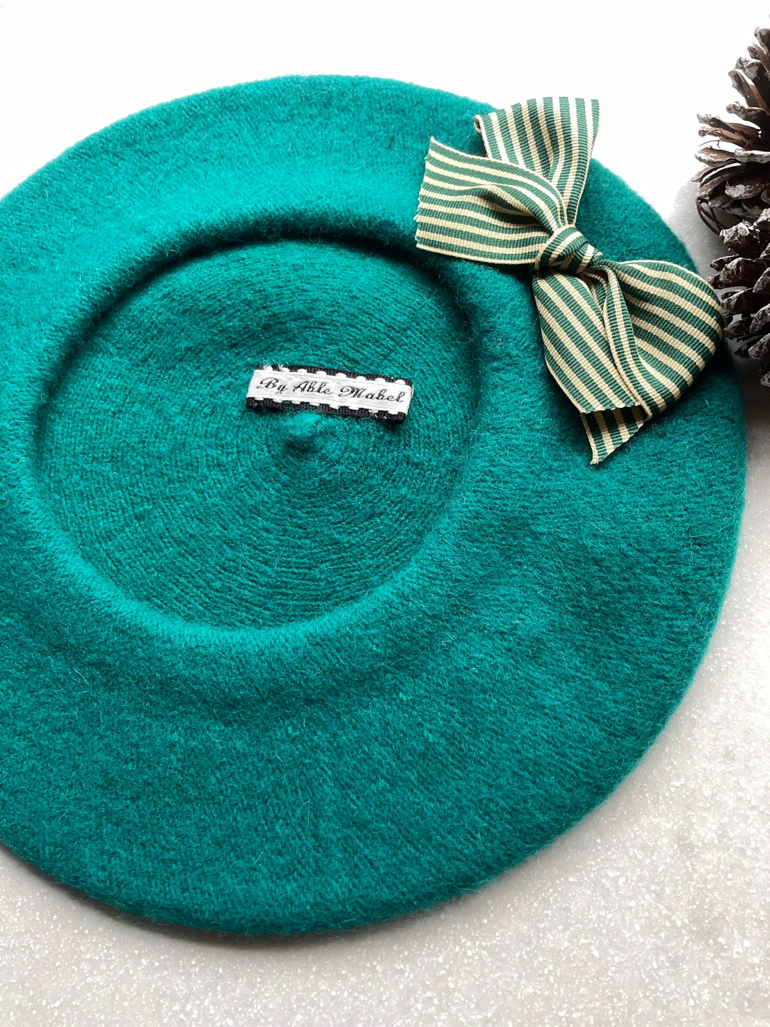 Emerald Green Wool Beret With Stripe Bow - French Style - Etsy