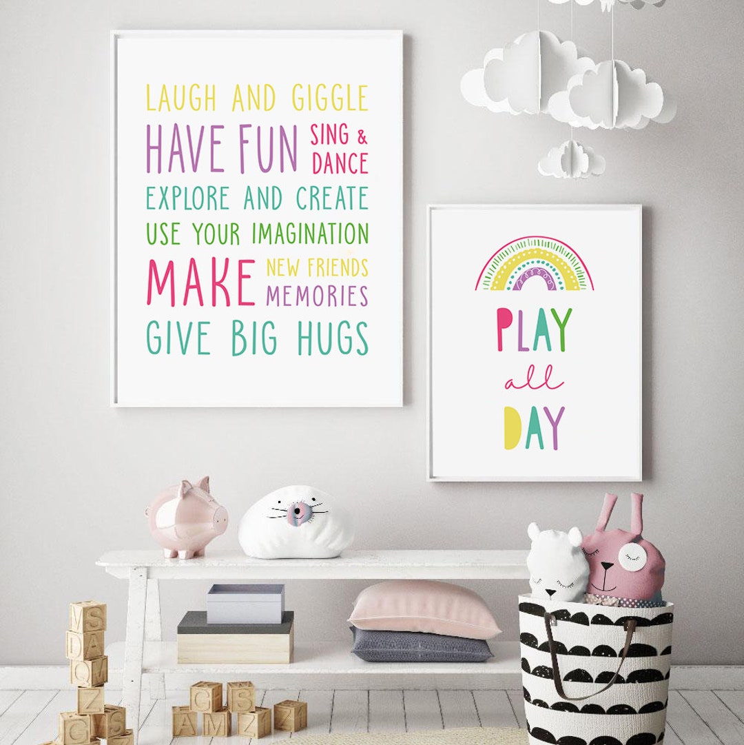 Girls Room Decor, Set of Two Posters, Playroom Rules, Play All Day ...