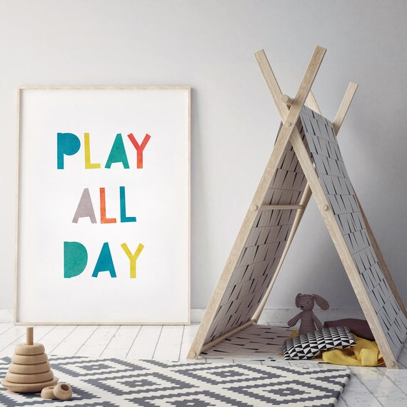 Play All Day Printable Poster Rainbow Playroom Decor Nursery | Etsy