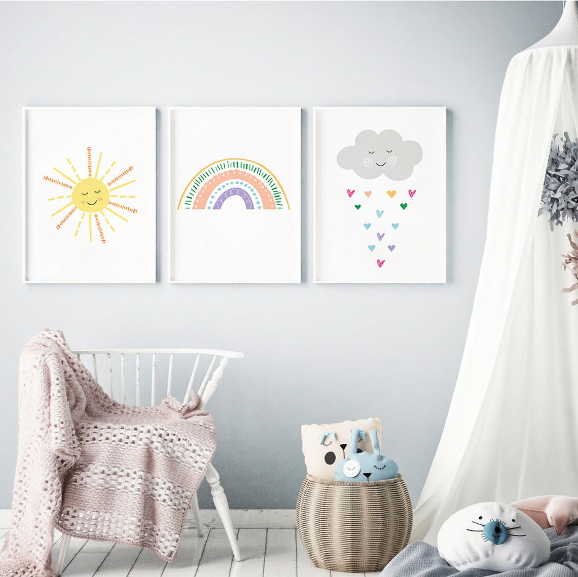 Sun Rainbow Cloud Prints Set of 3 Digital Wall Art Weather | Etsy