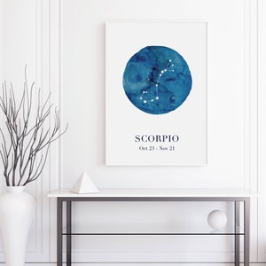 Scorpio Sign Printable, Zodiac Poster, Watercolor Navy Blue, Digital ...