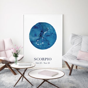 Scorpio Sign Printable, Zodiac Poster, Watercolor Navy Blue, Digital ...