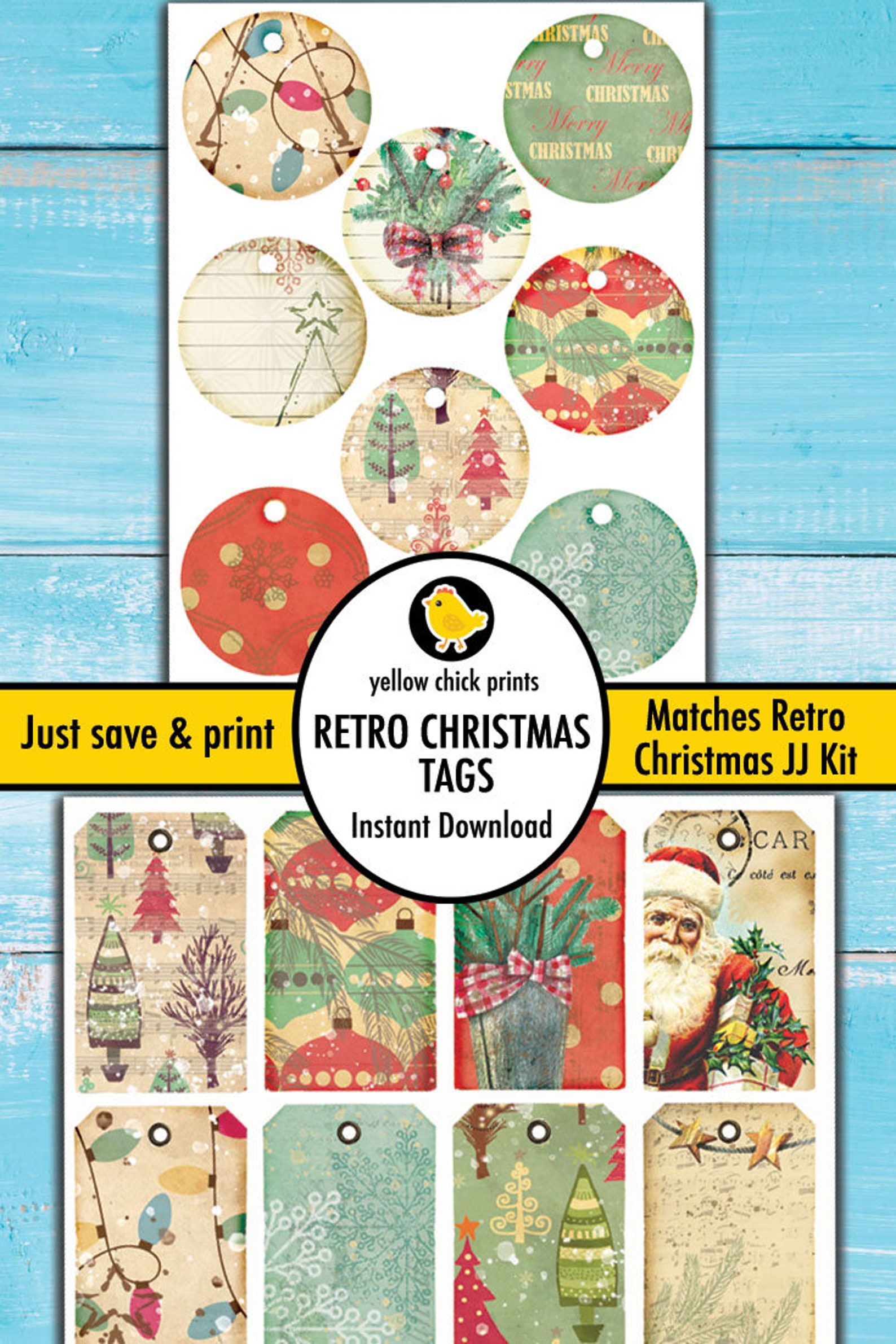 Christmas Tags Digital, Printable, Retro Christmas Journal Kits, Round ...