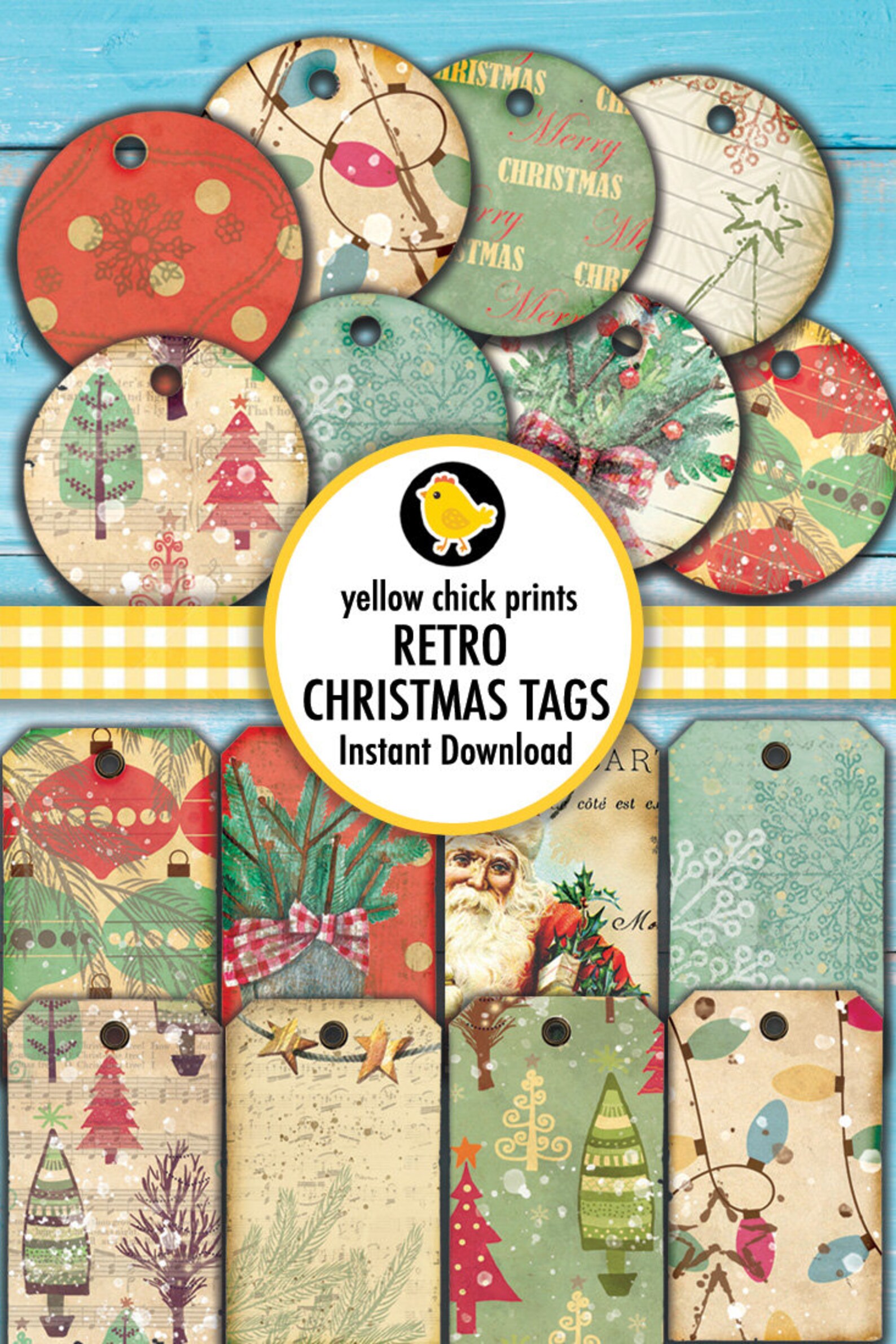 Christmas Tags Digital, Printable, Retro Christmas Journal Kits, Round ...