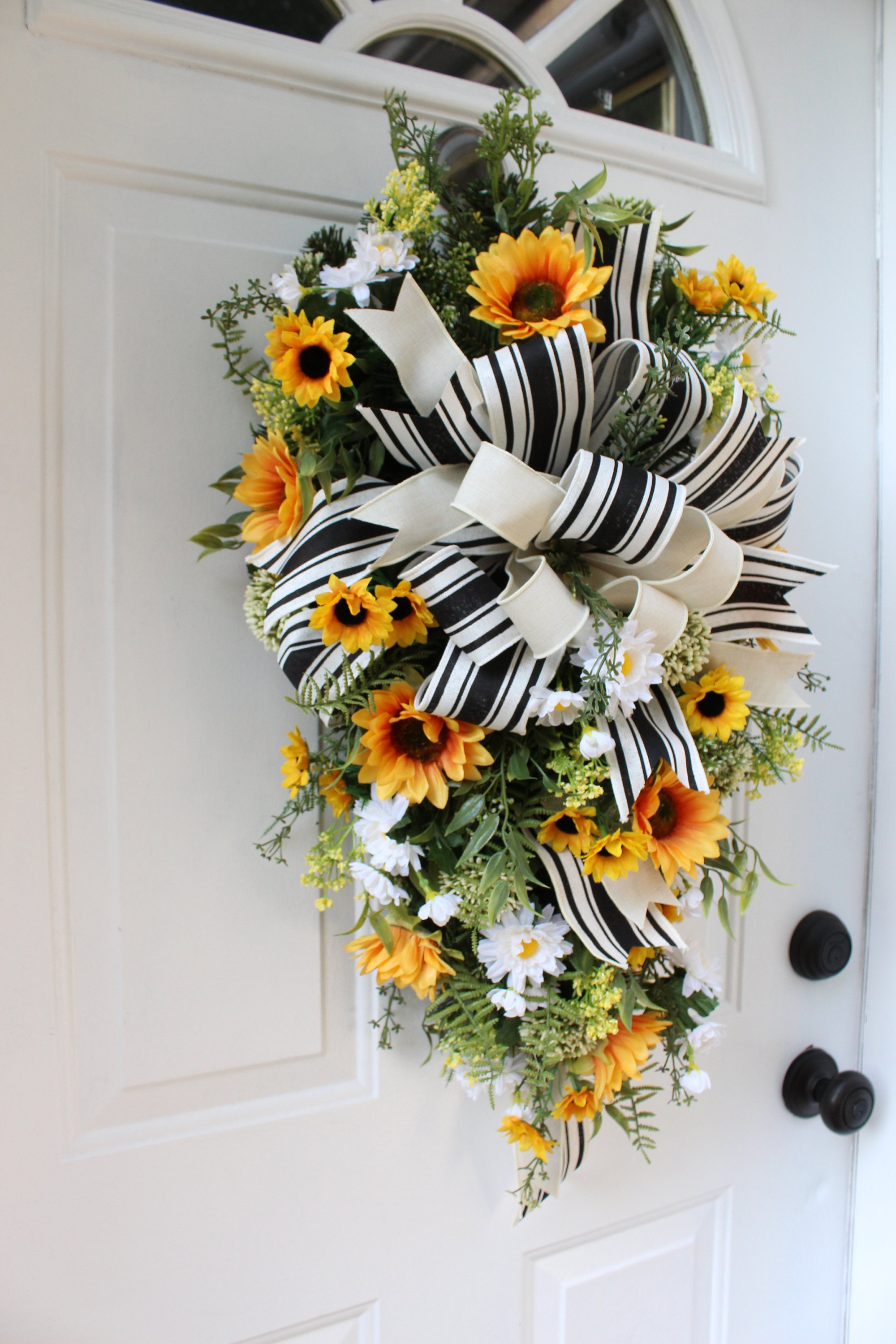 Farmhouse Sunflower Wreath Swag for Front Door, Black and White ...