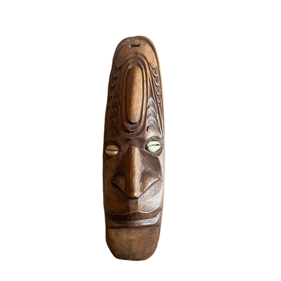 Wood African Tribal Mask Handmade Senegal Shell Eyes Intricate Figural ...