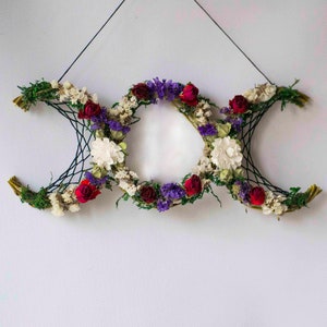 Triple Moon Goddess Dream Catcher Floral Wreath Altar Decor Dried ...