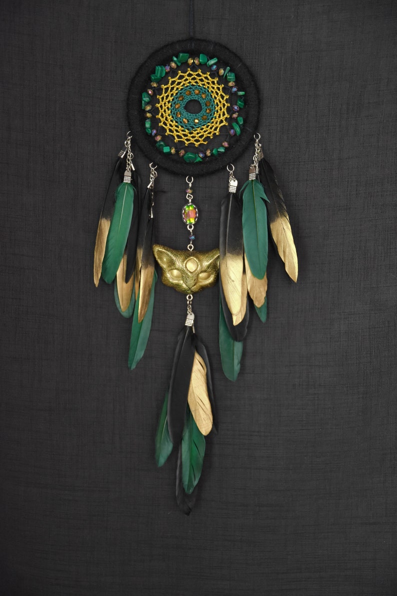 Dream Catcher With Cat Pendant Emerald and Black - Etsy