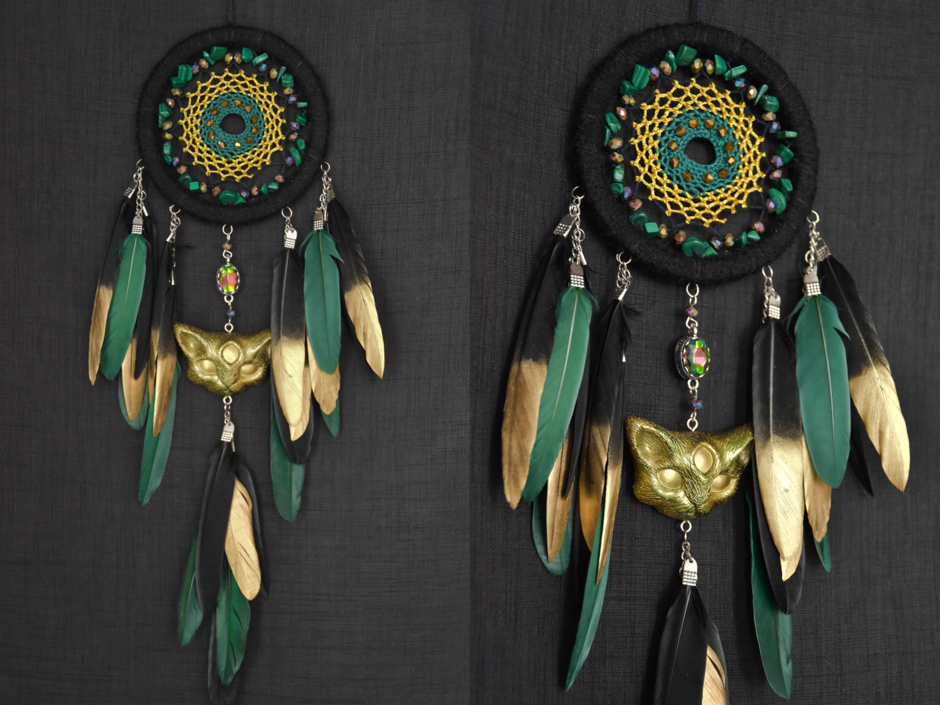 Dream Catcher With Cat Pendant Emerald and Black | Etsy