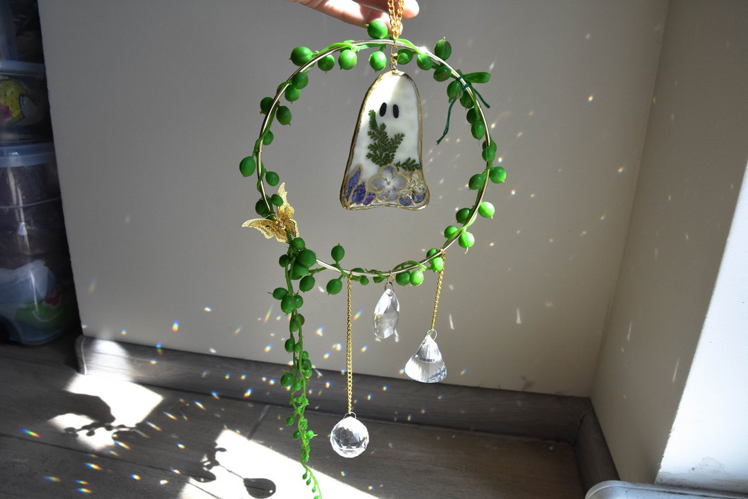 Floral Sun Catcher With Stained Glass Ghost, - Etsy