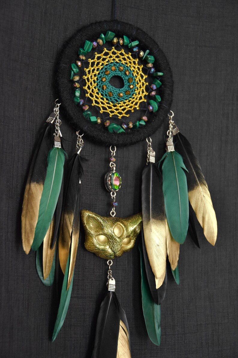 Dream Catcher With Cat Pendant Emerald and Black - Etsy