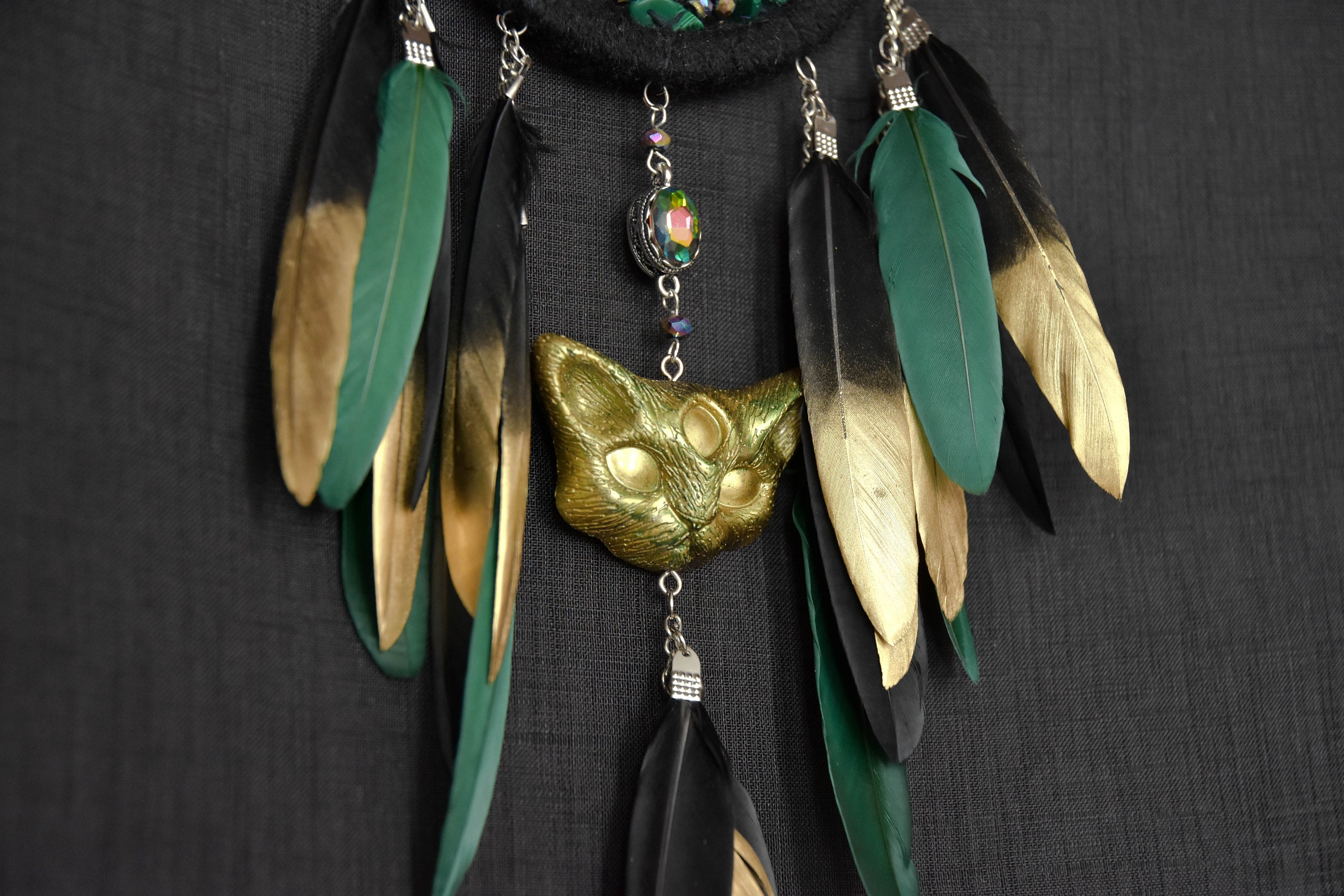 Dream Catcher With Cat Pendant Emerald and Black | Etsy