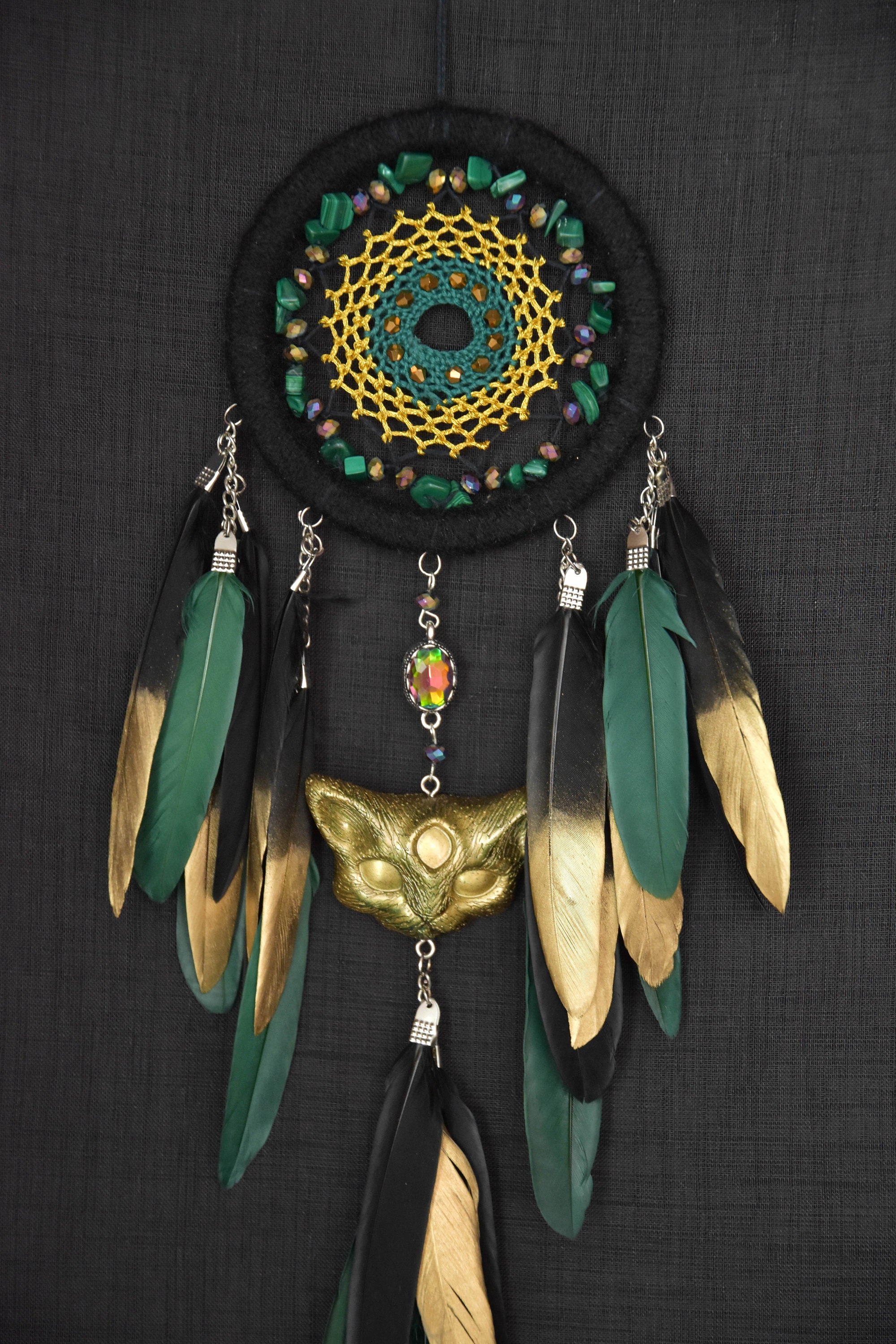 Dream Catcher With Cat Pendant Emerald and Black | Etsy