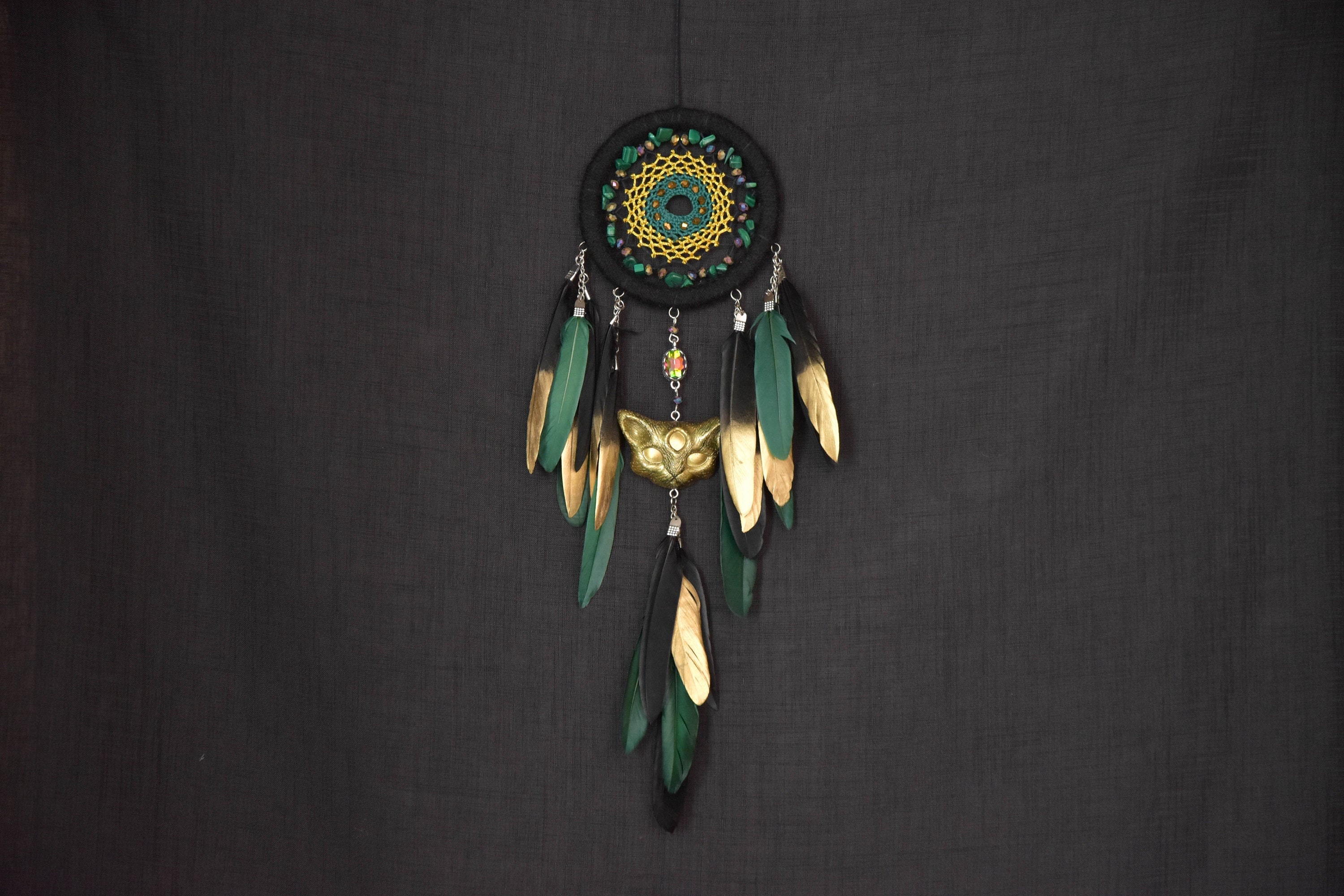 Dream Catcher With Cat Pendant Emerald and Black | Etsy