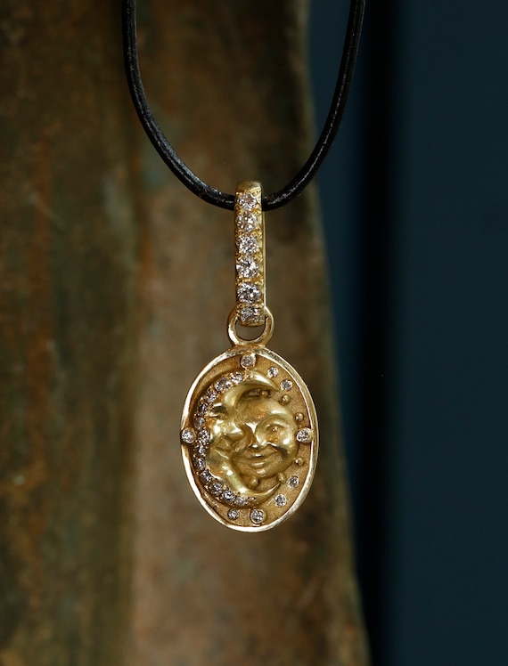 14K Gold Half Moon and Sun Face Pendant with Diamonds… - Gem