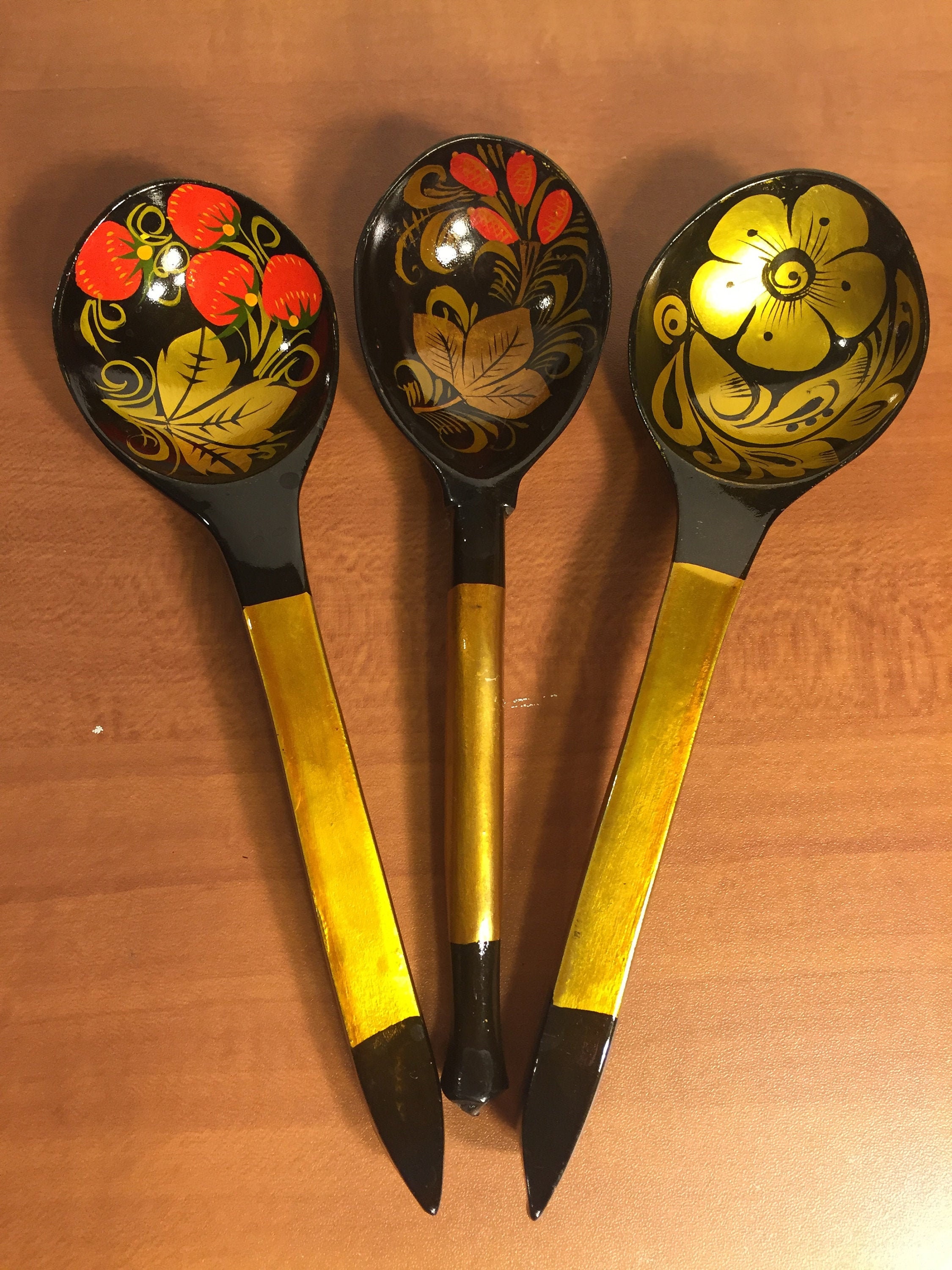 Russian Hand Painted Lacquered Wooden Spoons Set of 3 - Etsy