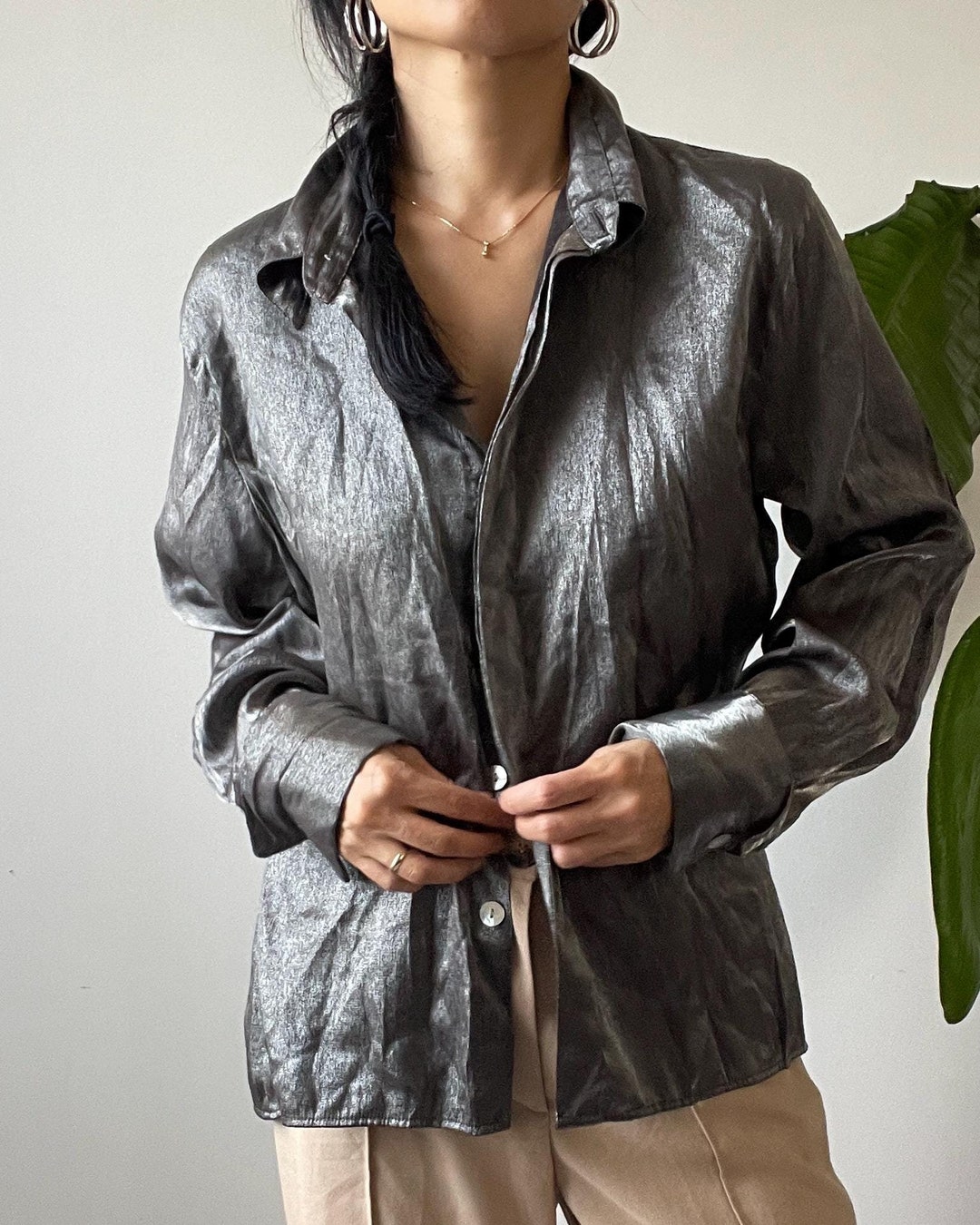 Vintage Halston Designer Blouse / Silver Shimmery Shiny Metallic Blouse / Size 16 - Etsy