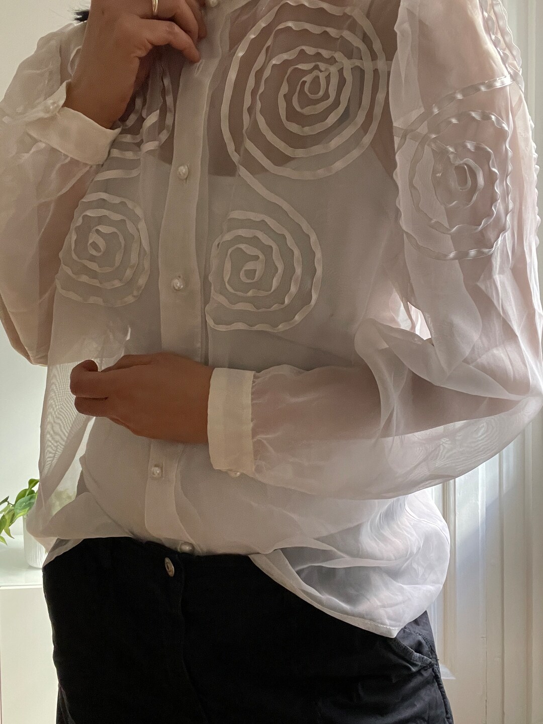 Vintage White Embellished Sheer Puff Sleeve Blouse / Fits Like ML - Etsy