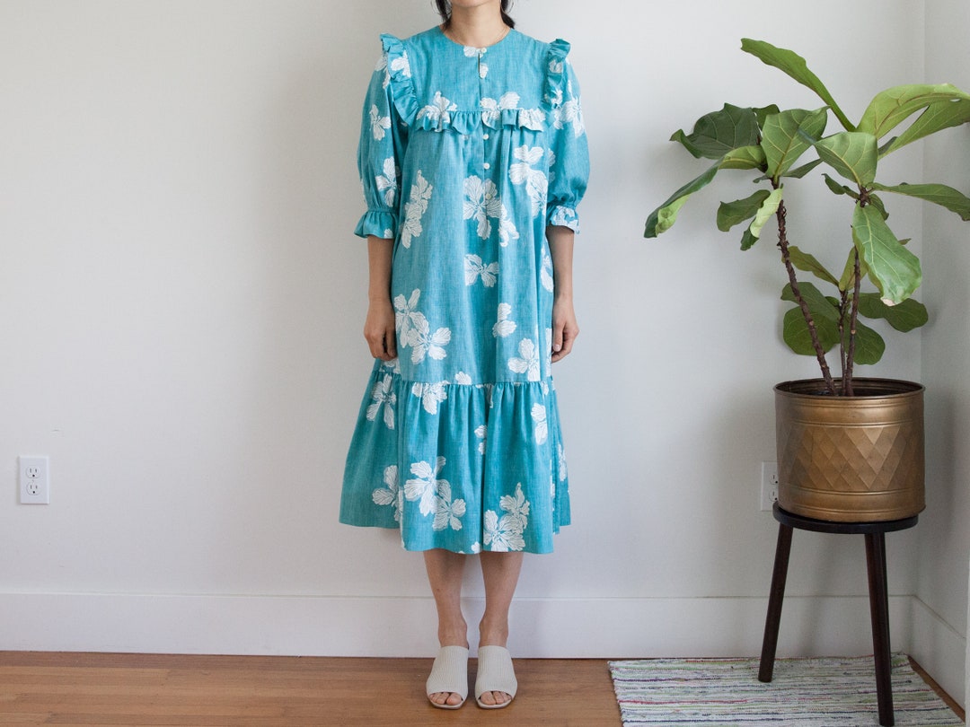Vintage Boho Tropical Teal Turquoise Floral Dress Ruffled Bib Puff ...