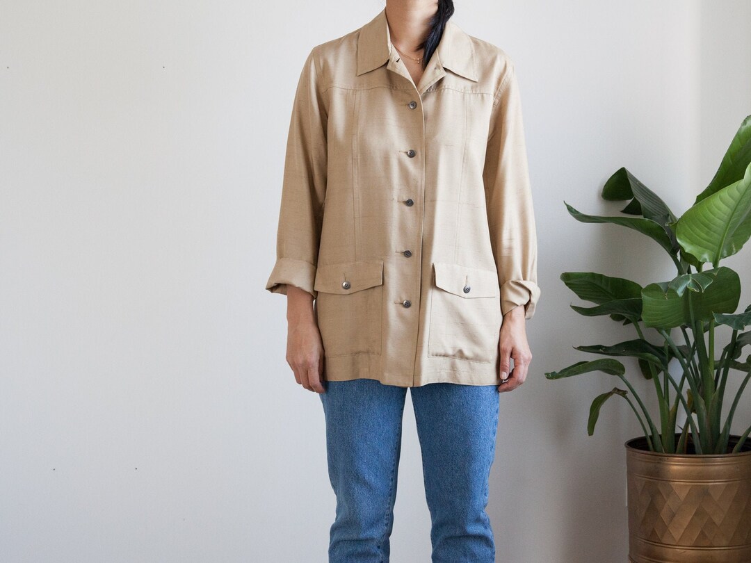 Minimalist Beige Silk Blouse Jacket / 90s Khaki Silk Pocket Jacket ...