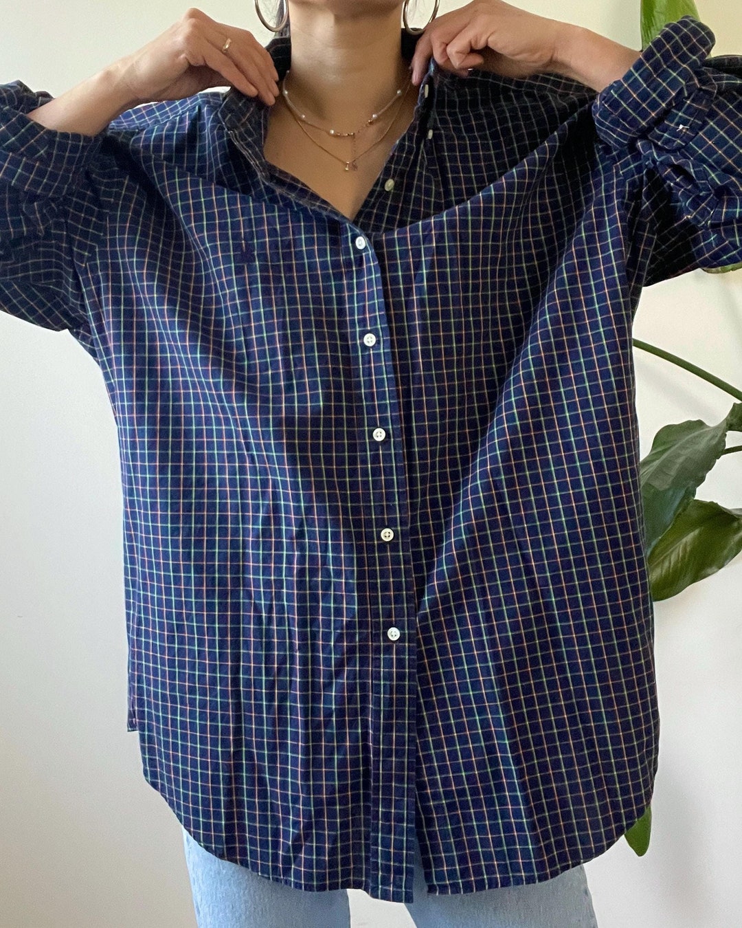 90s Oversized Navy Check Preppy Button Down Shirt / Ralph Lauren ...