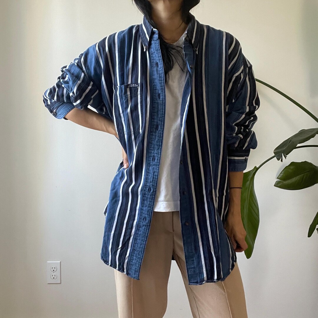 90s Oversized Blue Striped Preppy Button Down Shirt / Unisex / Size L ...
