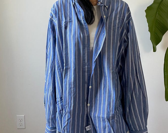 90s Blue Striped Preppy Button Down Shirt / Unisex / L, Fits Like Xl - Etsy
