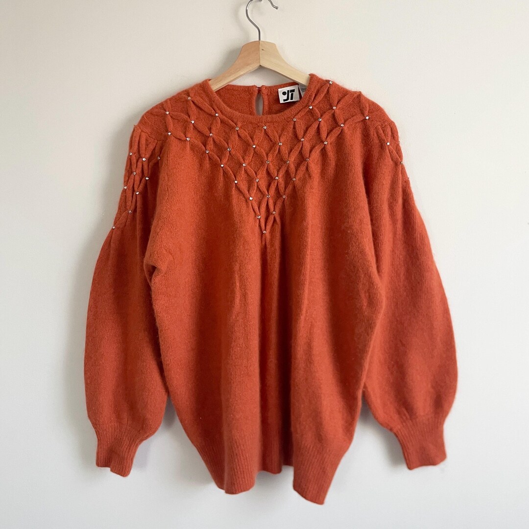 Vintage Orange Lambswool Angora Sweater / Sparkle Beads / Fits Like M ...
