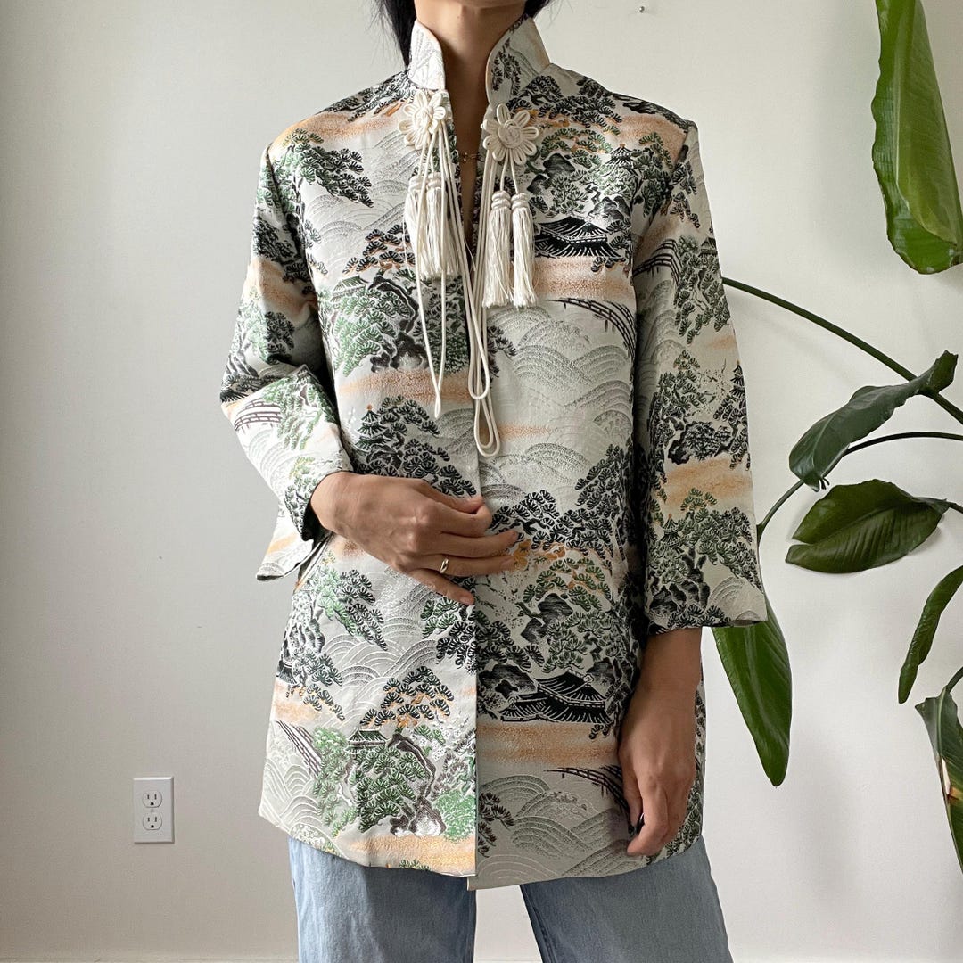 Vintage Asian Chinese Silk Jacket / Nature, House and Tree Theme ...