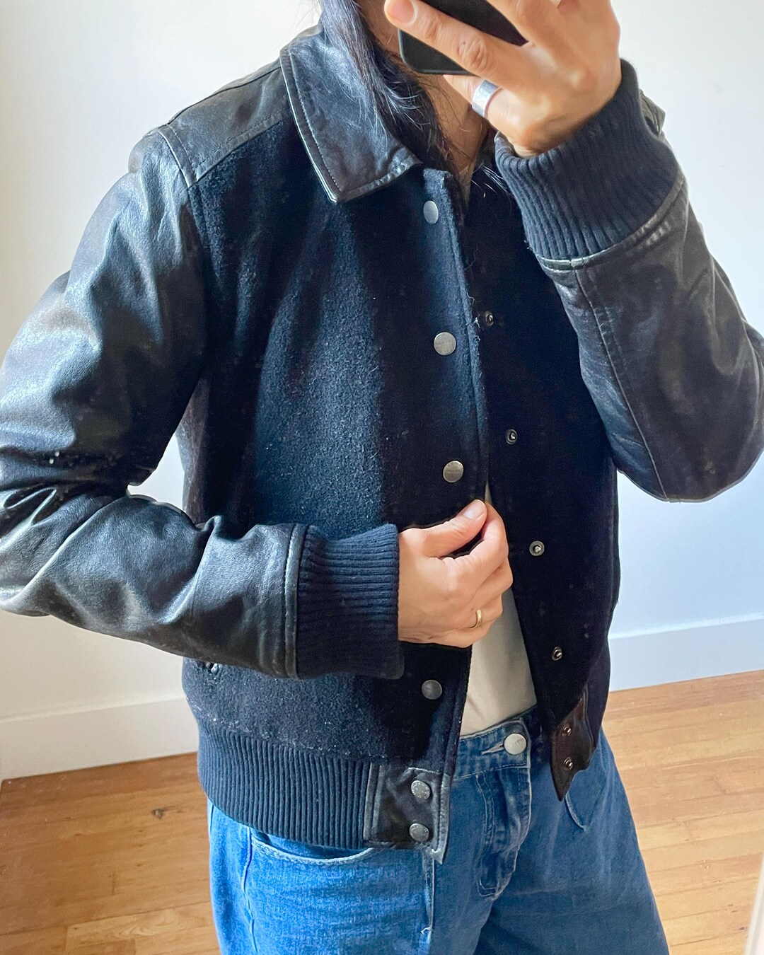 Vintage Black Leather Wool Cropped Bomber Jacket Snap Buttons / Fits ...