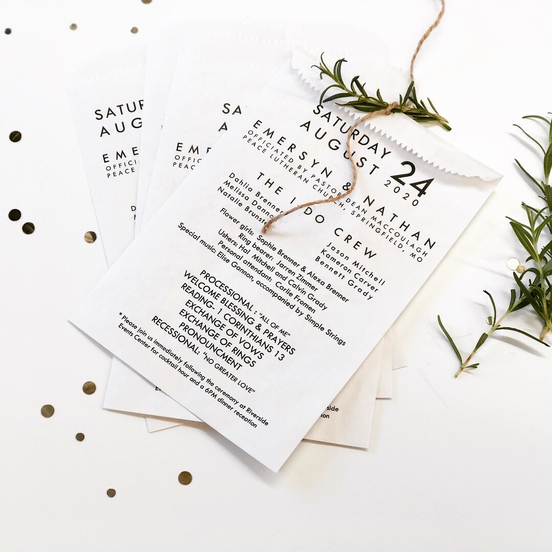 Modern Wedding Program Bags - Confetti or Petal Toss Bag - Greenery ...