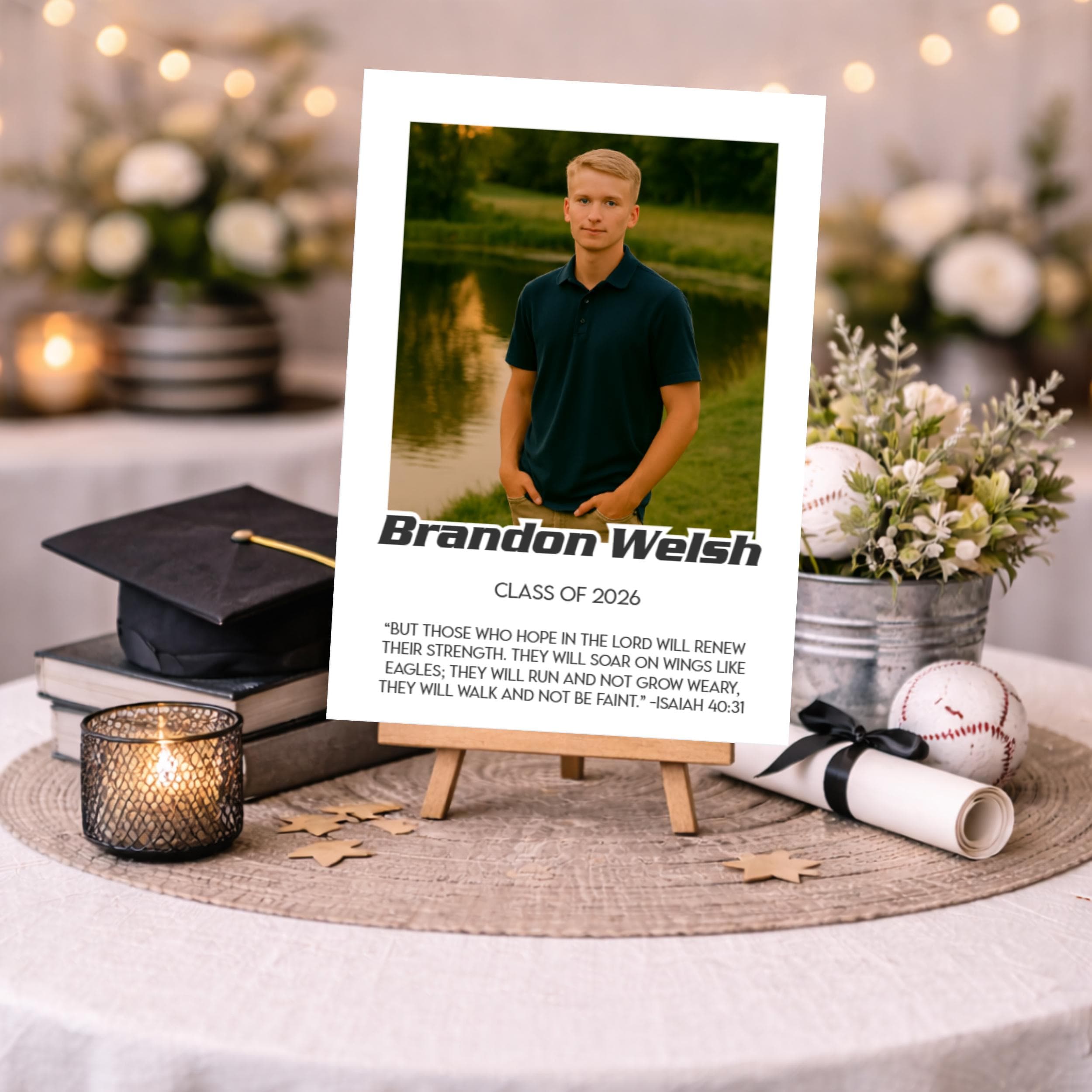 Guy Graduation Centerpiece Idea, Christian Bible Verse and Photo Table ...