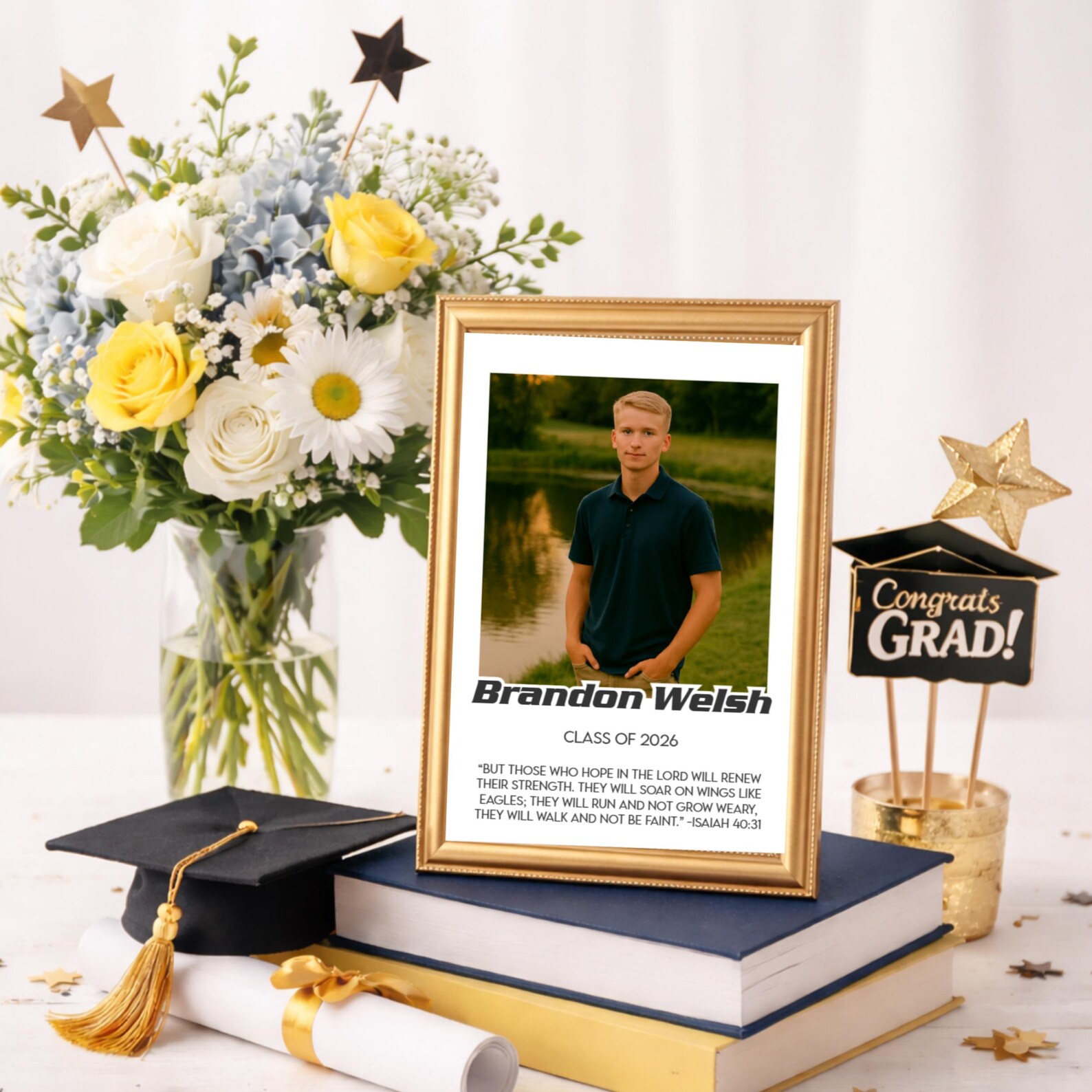 Guy Graduation Centerpiece Idea, Christian Bible Verse and Photo Table ...