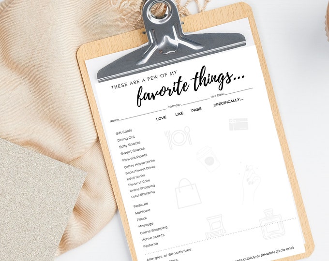 Employee Favorites Worksheet, Get to Know Employee Form, Holiday ...