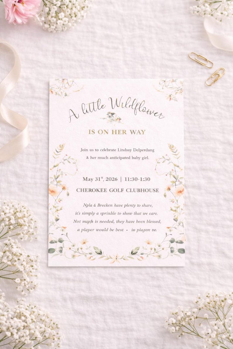 Wildflower Baby Shower Invitation Template, Watercolor Floral Girl ...